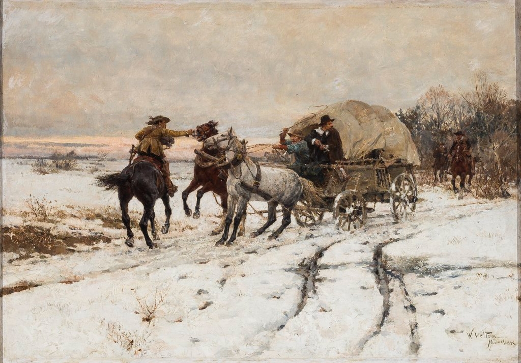 Wilhelm Velten | Räuber überfallen einen Planwagen in winterlicher ...