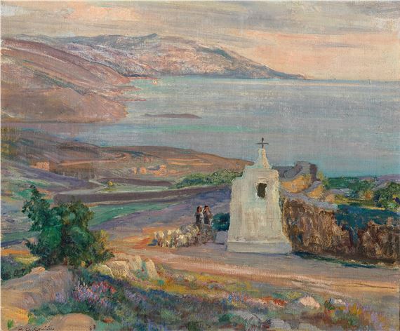 Menci Clement Crncic | Abendliche Küstenlandschaft mit Kapelle | MutualArt