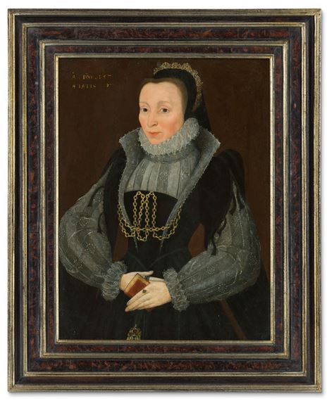 George Gower | Portrait of a lady, half-length, in a dark dress with ...