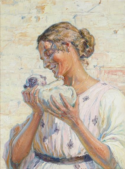 Carl Budtz-Moller | Portrait of the artist's wife holding a puppy (1918 ...