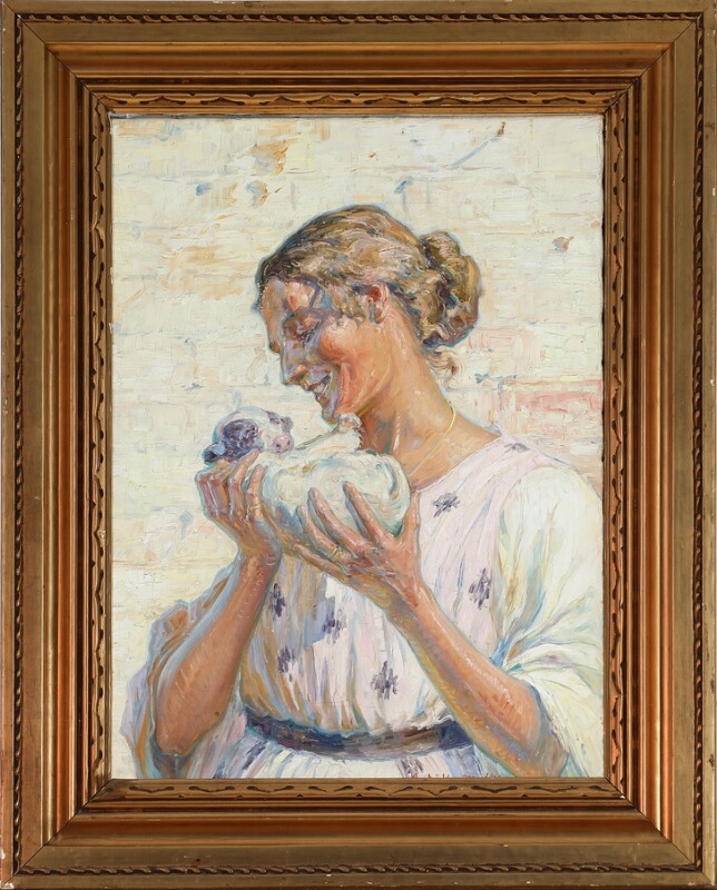 Carl Budtz-Moller | Portrait of the artist's wife holding a puppy (1918 ...