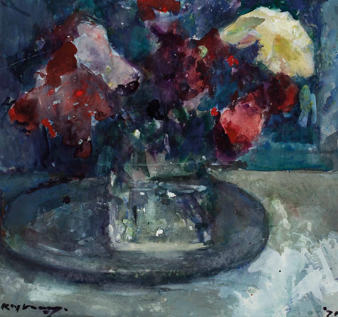 Kees Verwey | Bouquet in Glas op Tinnen Bord (1971) | MutualArt