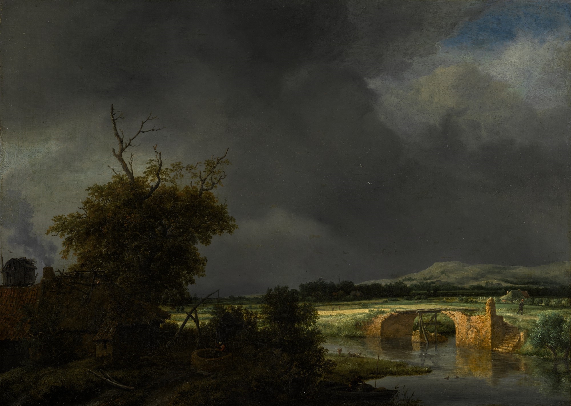 Jacob van Ruisdael | Landscape with a cottage and stone bridge under a ...