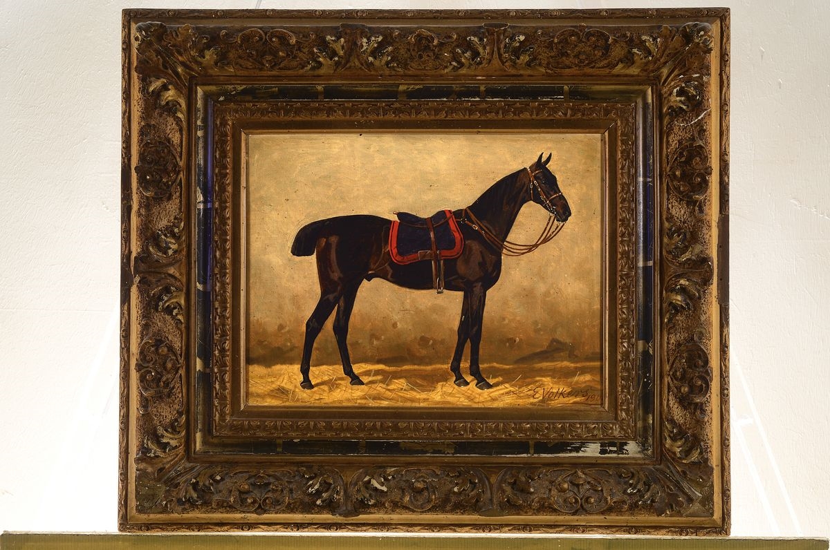 Emil Volkers | full portrait of a saddled horse in the stable (1900 ...