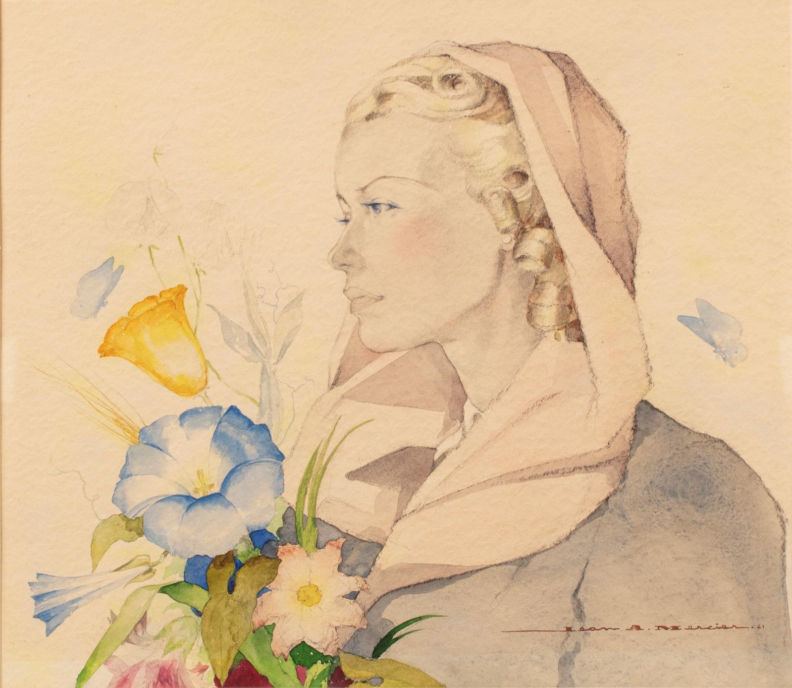 Jean-Adrien Mercier | Elegante au bouquet de fleurs (1941) | MutualArt