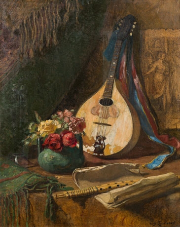 Hugo Charlemont | Still life with mandoline and roses in a vase | MutualArt