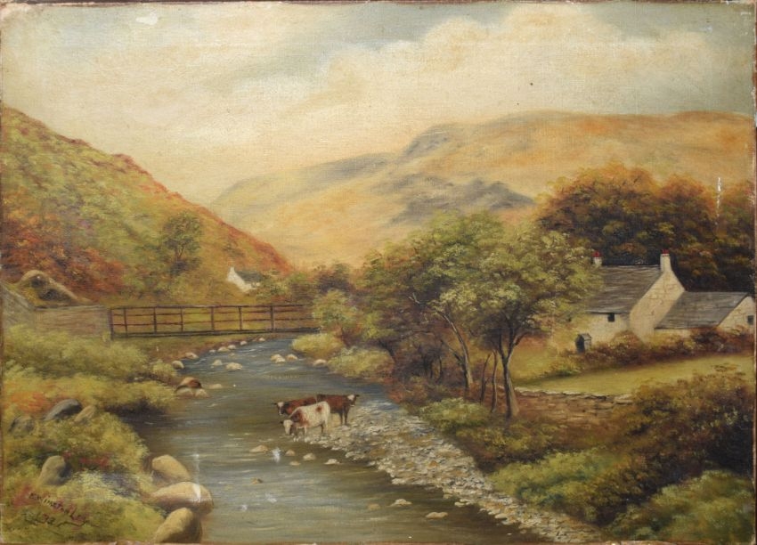E Winstanley | River landscape with cattle (1921) | MutualArt