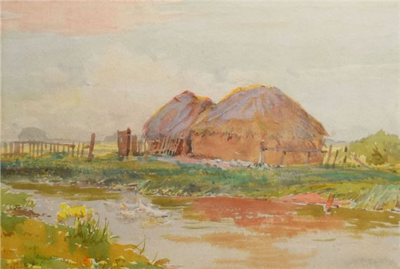 Claude Hayes | River landscape with haystacks | MutualArt