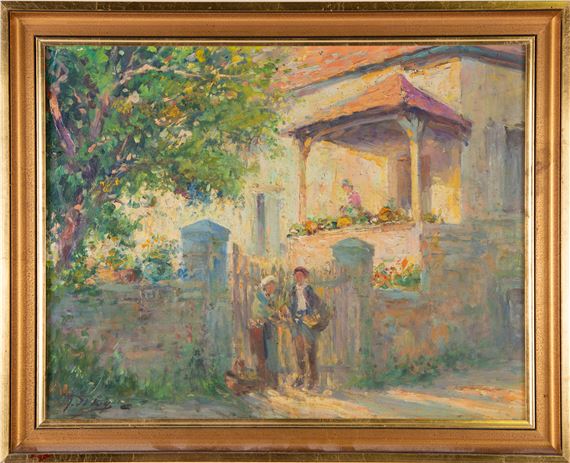 Georges Deloy | Study of two figures below a balcony on a summer's day ...