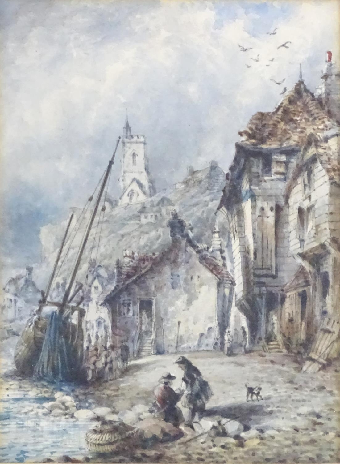 Samuel Prout | A coastal view with fisherman by the edge of buildings ...