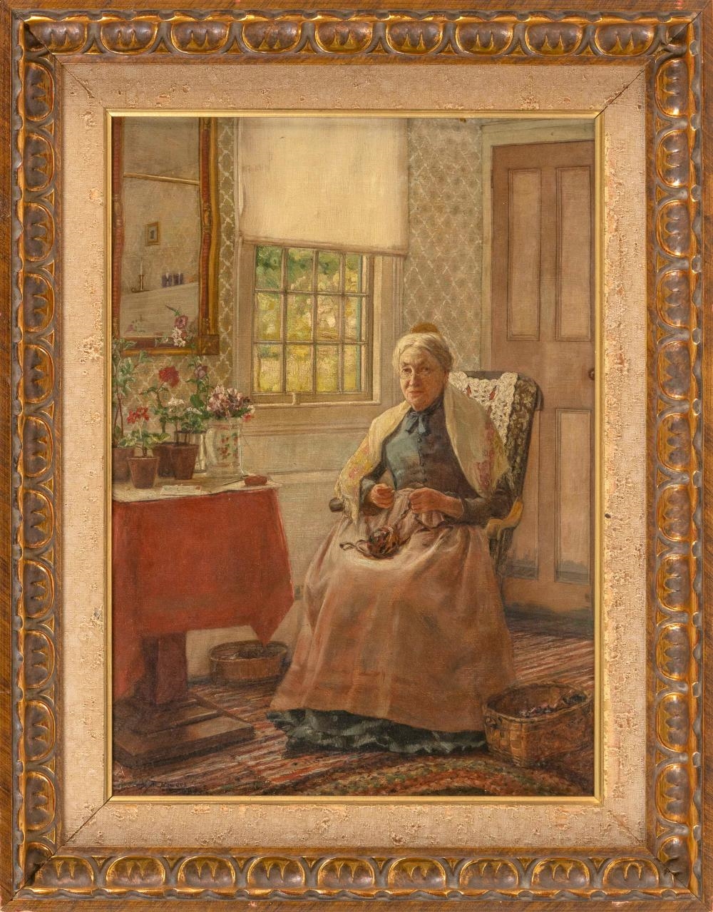 George Newell Bowers | Portrait of an old woman knitting. | MutualArt
