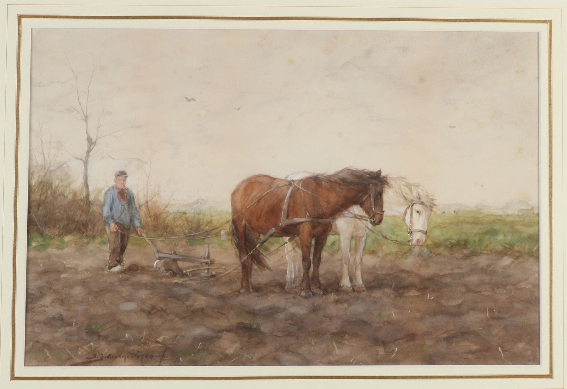 Adrianus Johannes Groenewegen | Boer op akker met ploeg en paardenspan ...