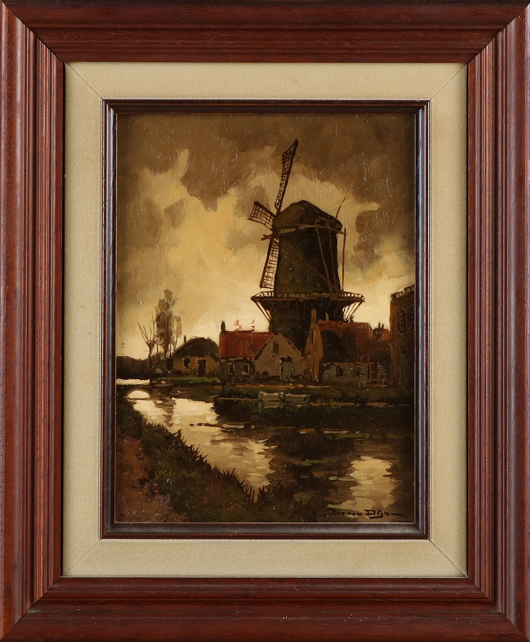 Jos Van Dijk | Dorpsgezicht bij avond met windmolen | MutualArt