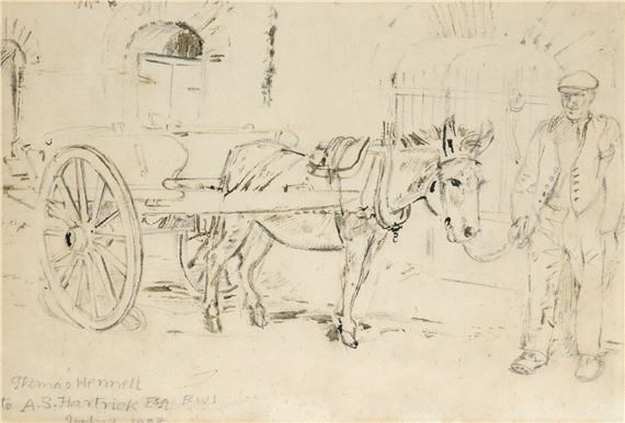 Thomas Hennell | Man standing with a donkey and cart | MutualArt
