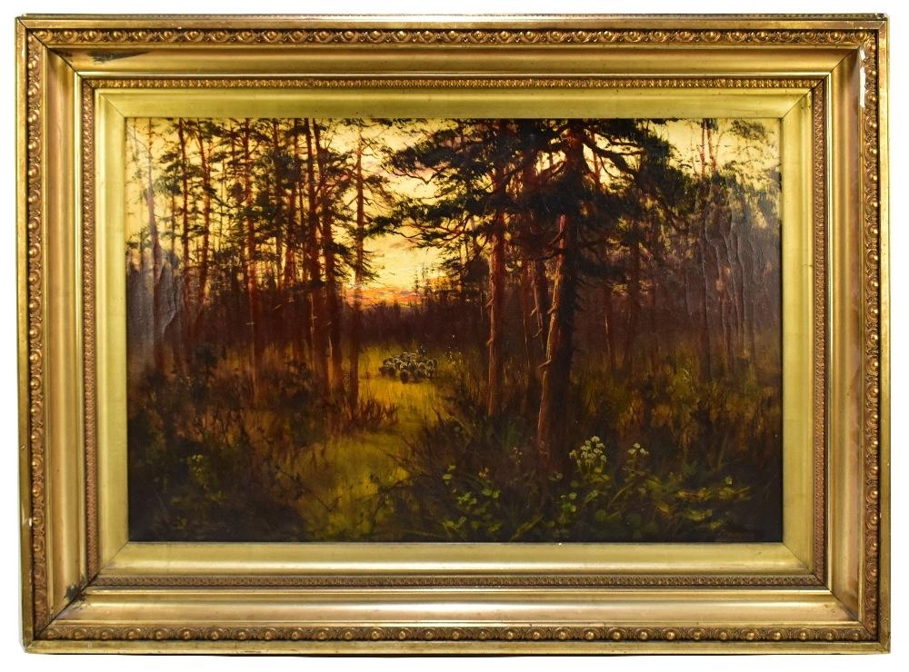 F. Walters | Woodland landscape with figure leading sheep in mid ground ...