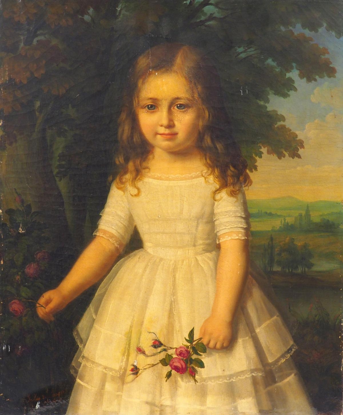 Jules De Lacger | Portrait de fillette tenant des roses (1814) | MutualArt