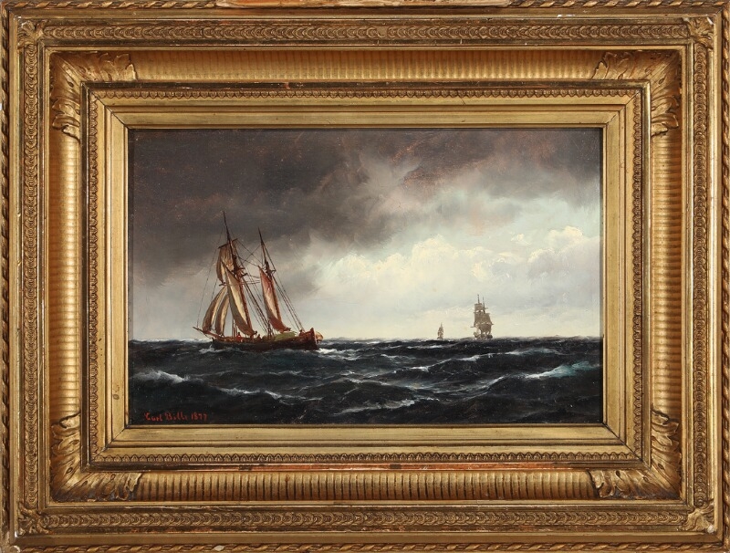 Carl Ludwig Bille | Seascape with sailing ships beneath a darkening sky ...