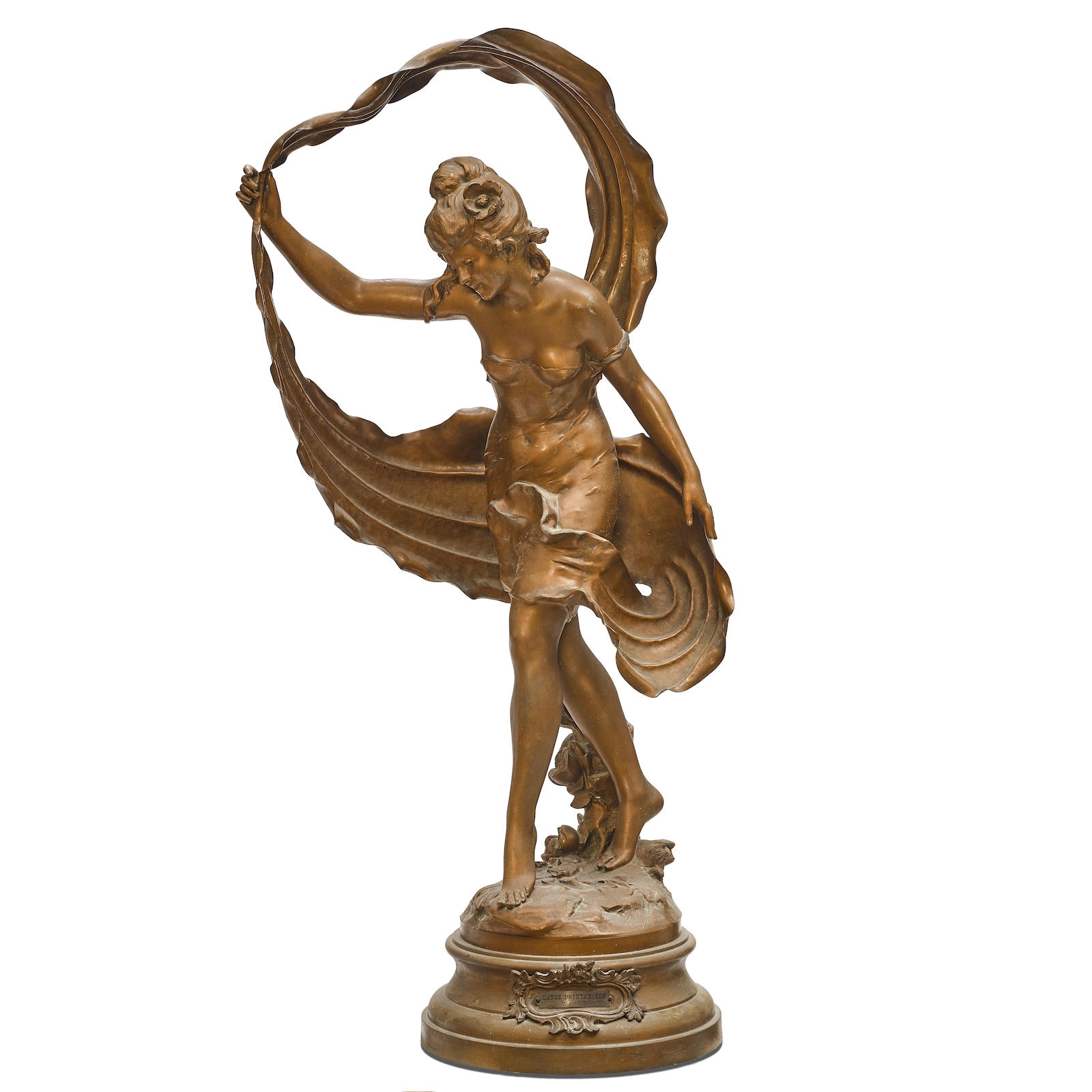 Auguste Moreau | A FRENCH SPELTER AND COPPER FIGURE OF A MAIDEN WITH ...