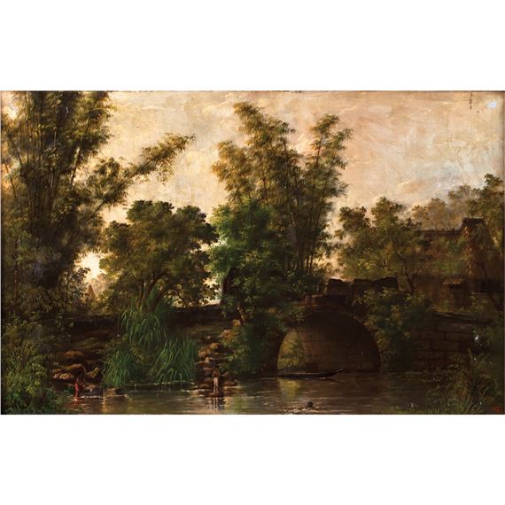 Félix Resurrección Hidalgo | Paisaje con río y figuras bañándose (1885 ...