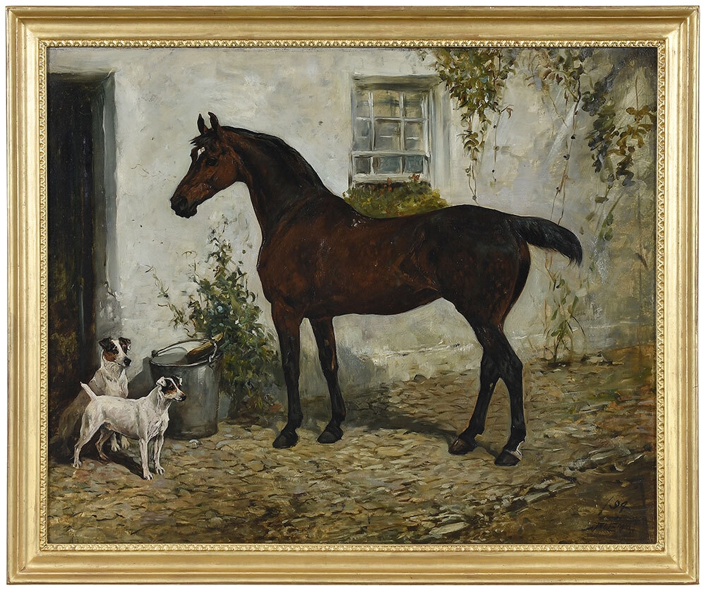 John Emms | A Bay Hunter with Two Jack Russell Terriers in a Courtyard ...