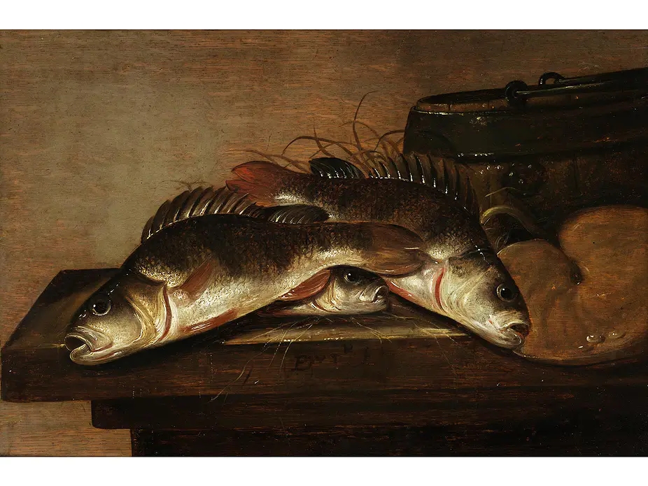 Pieter de Putter | STILLLEBEN MIT KARPFEN AUF TISCHPLATTE | MutualArt
