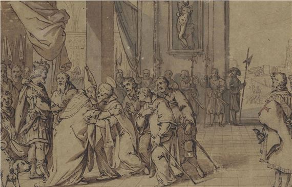 German School, 17th Century | A bishop and a king welcoming a ...