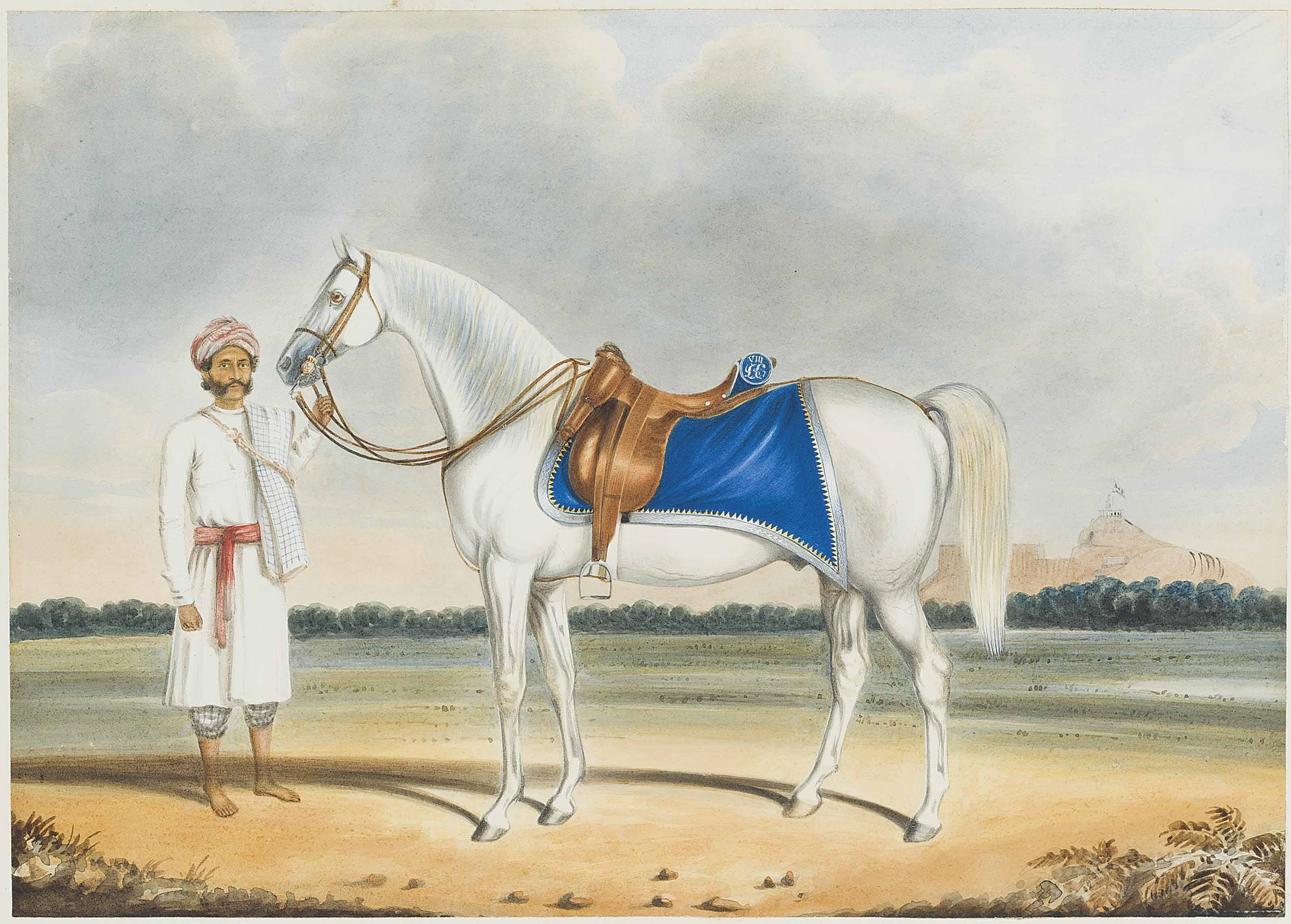 Indian School, 19th Century | A WHITE HORSE AND HIS GROOM | MutualArt