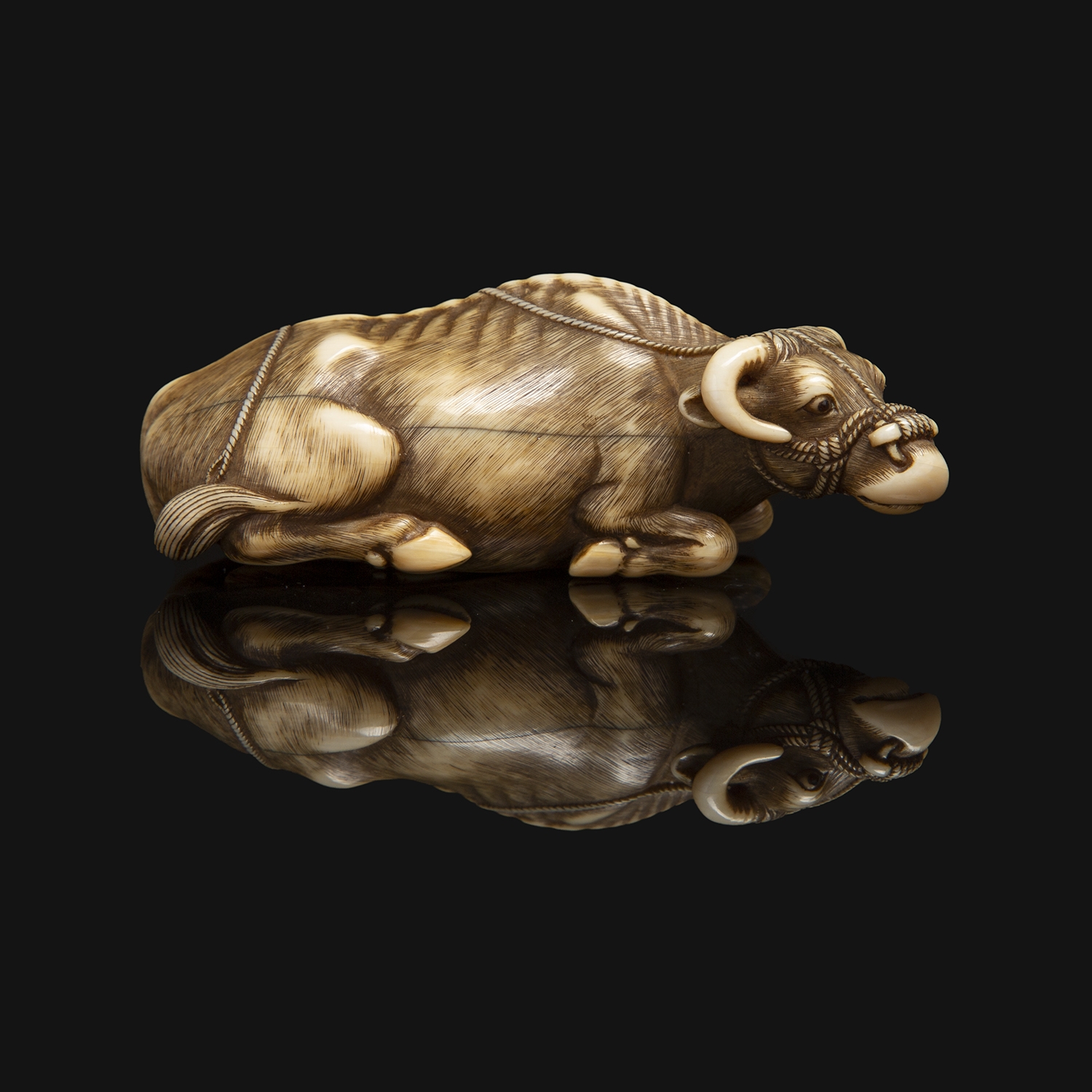 Tomotada | NETSUKE en ivoire et rehauts bruns représentant un buffle ...