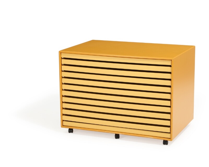 Peter J. Lassen | A yellow lacquered MDF file cabinet on wheels | MutualArt
