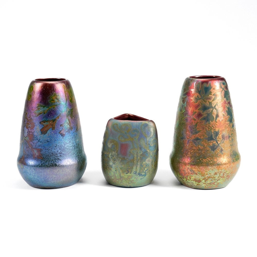 Jacques Sicard | Grp: 3 Weller Sicardo Iridescent Pottery Vases | MutualArt