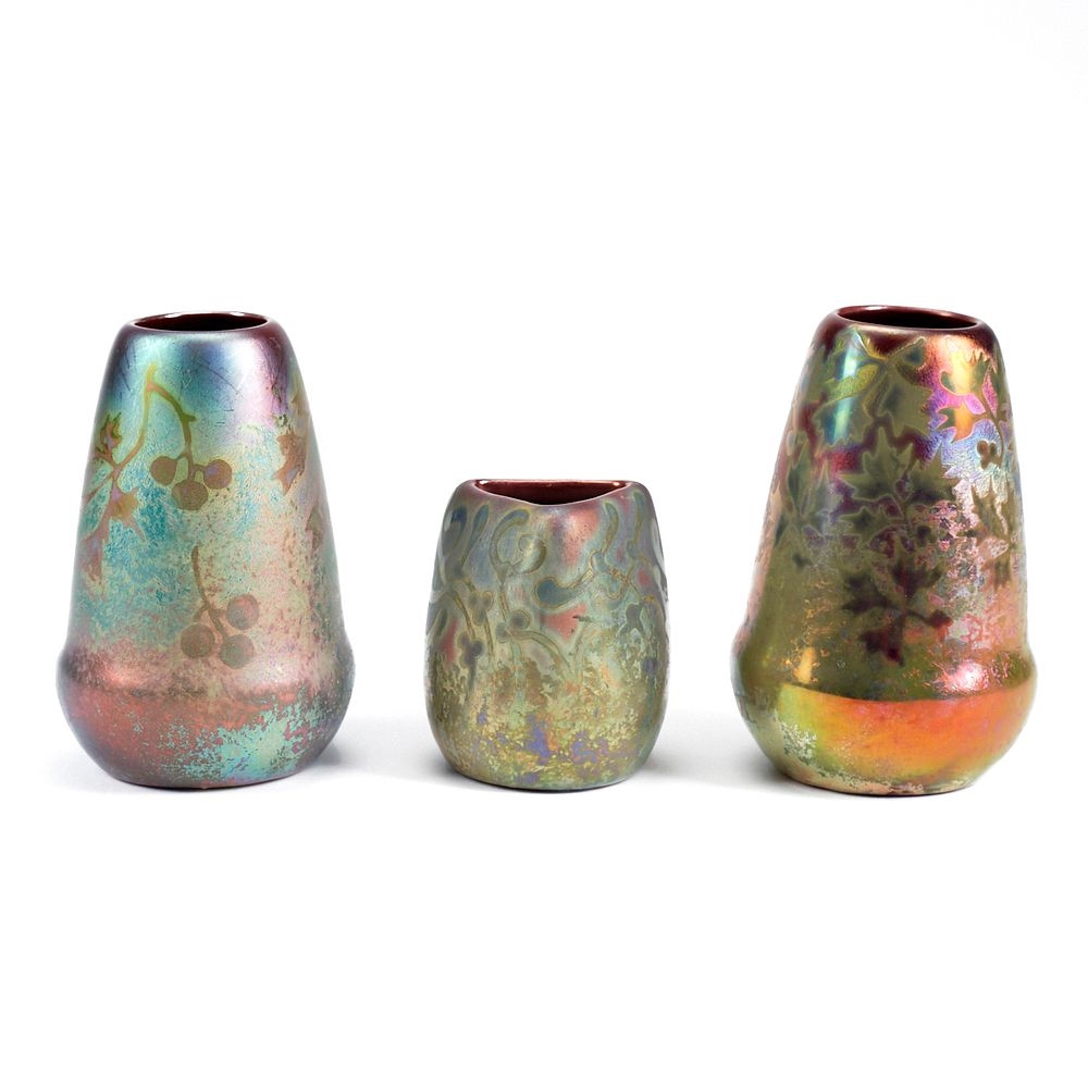 Jacques Sicard | Grp: 3 Weller Sicardo Iridescent Pottery Vases | MutualArt