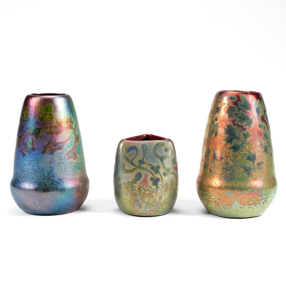 Jacques Sicard | Grp: 3 Weller Sicardo Iridescent Pottery Vases | MutualArt