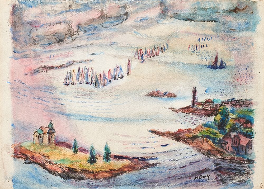 Nathaniel Dirk | Nathaniel Dirk Water Town Watercolor | MutualArt