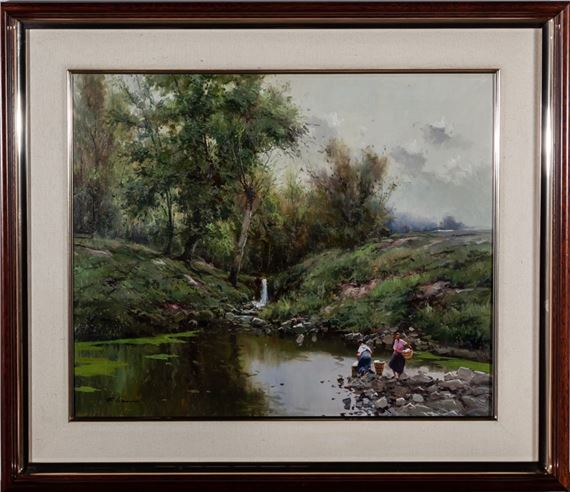Josep Colomer Comas | A river landscape with washerwoman | MutualArt