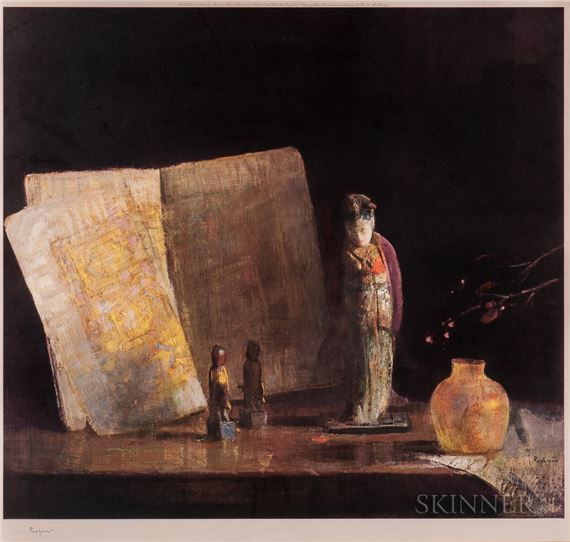 Hovsep Pushman | Still life with a Guanyin figure, a book, a vase with ...