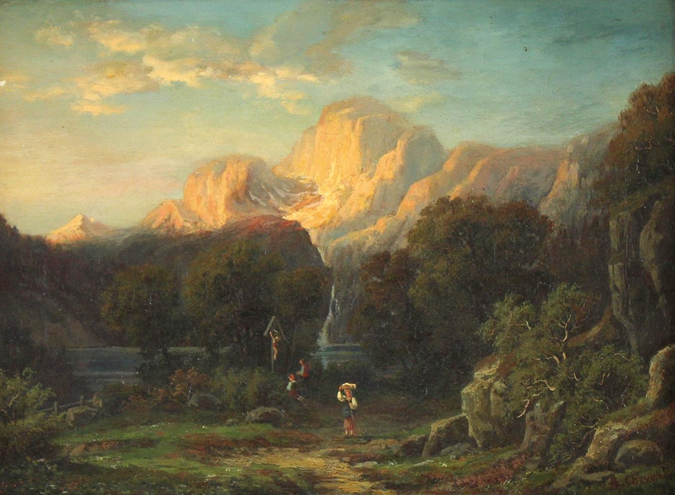 Adolf Chevalier | Alpine landscape with praying hikers | MutualArt