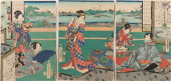 Utagawa Kunisada | Tríptico de Genji descansando en la antigua ...