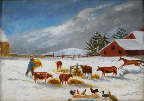 American School, 19th Century | Folk Art Winter Farm Scene Painting ...