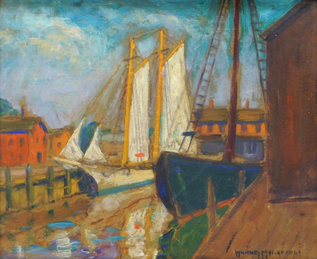 Whitney Hubbard | Depicts two sailing vessels at dock reflecting off ...