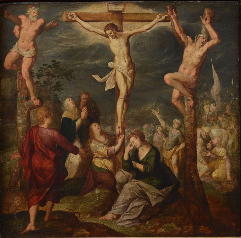 Flemish School 17th Century | Crucifixion of Jesus and the two thieves at Golgotha | MutualArt