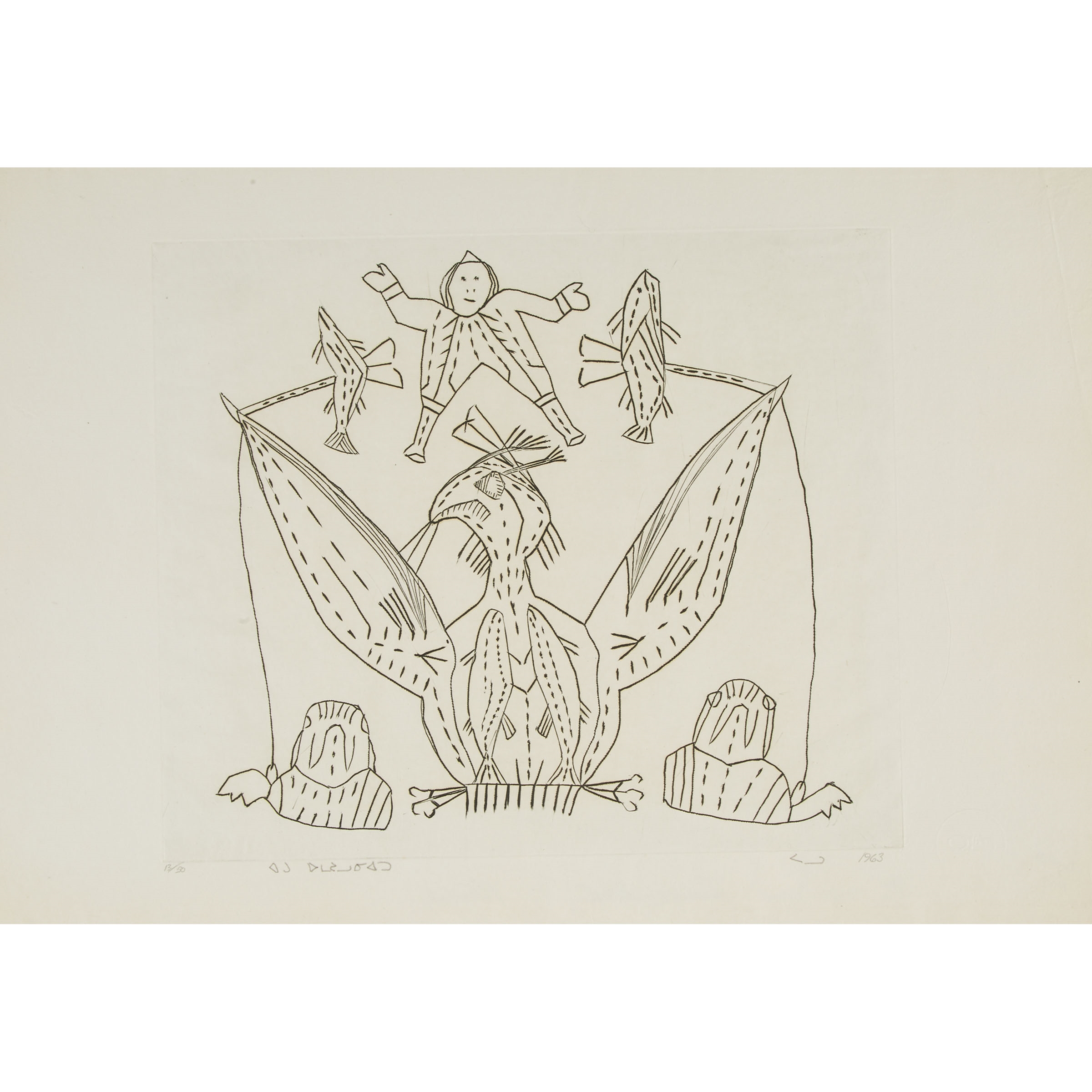 Pitseolak Ashoona | MAN CHASING STRANGE BEAST (1963) | MutualArt