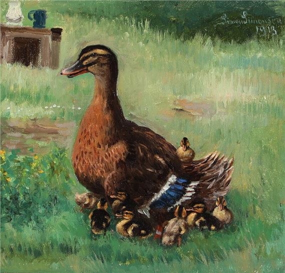 Simon Simonsen | A duck with her litter of ducklings (1913) | MutualArt