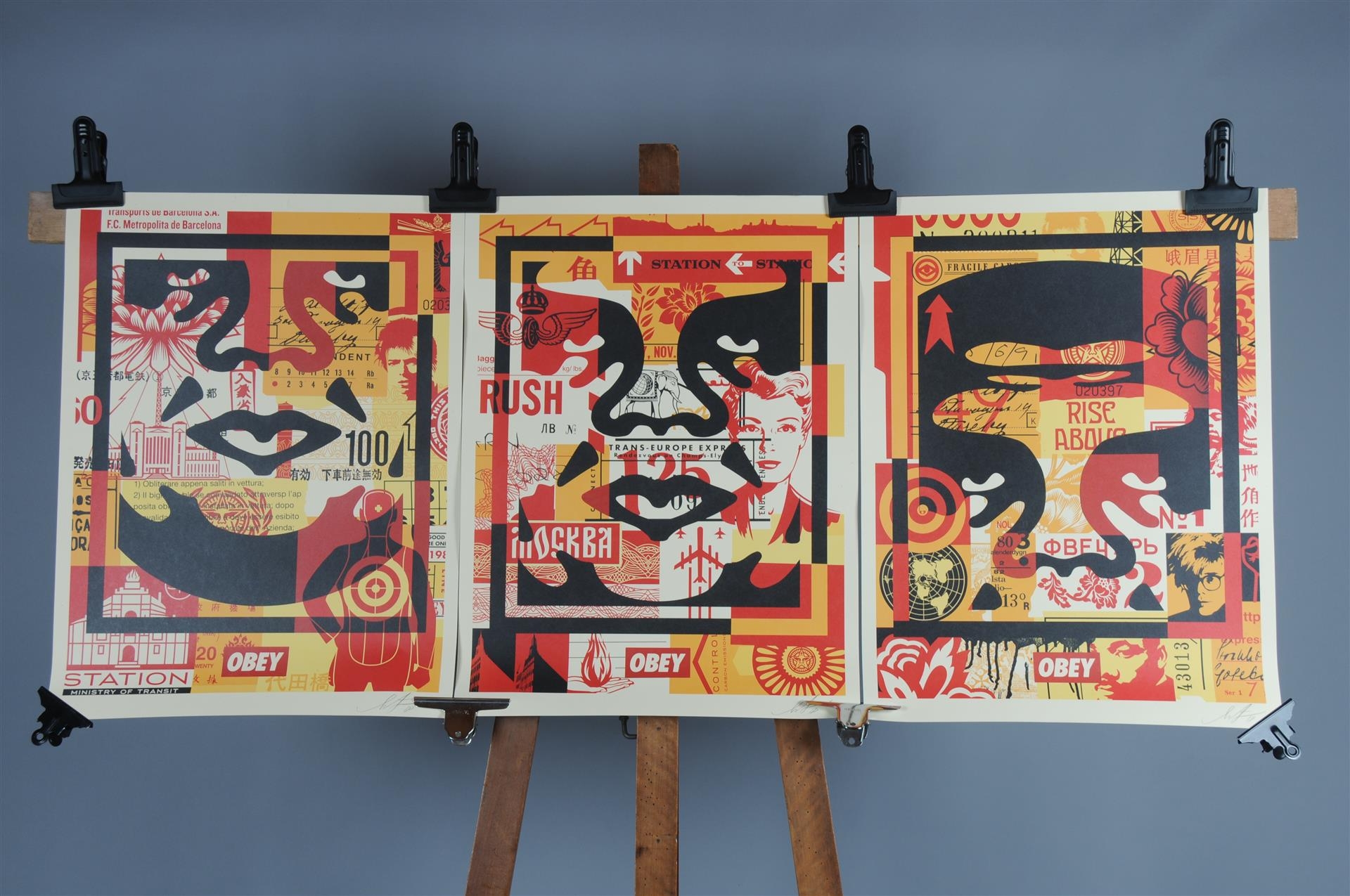 Shepard Fairey | TRIPTYQUE OBEY TROIS FACES COLLAGE (2020) | MutualArt