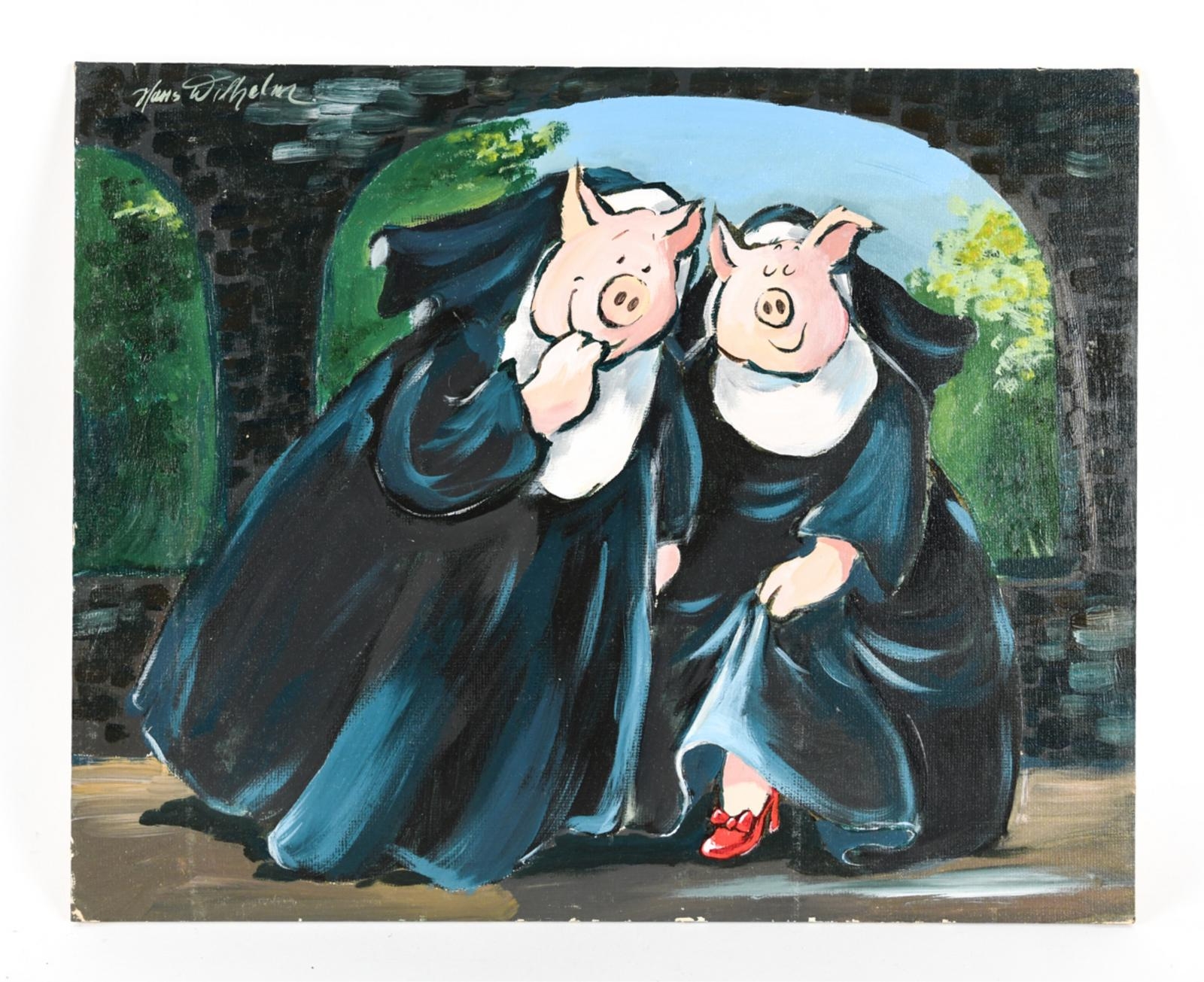 Hans Wilhelm | Pig nuns whispering about red shoes | MutualArt