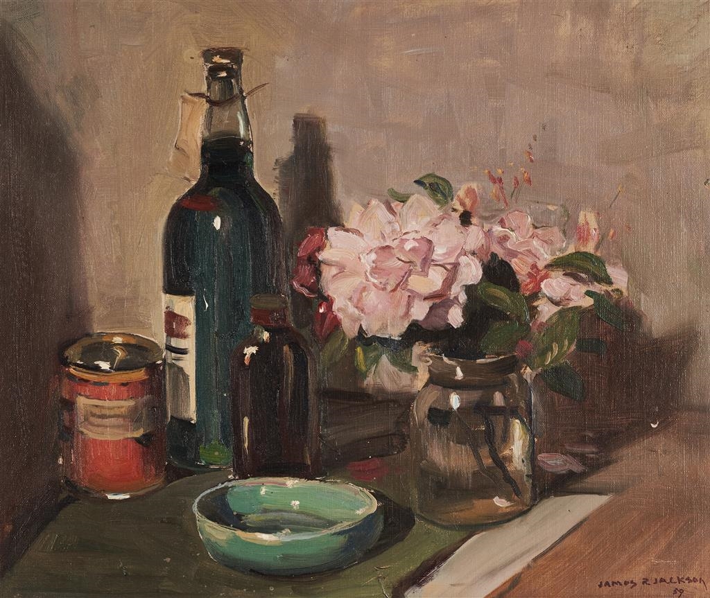 James R. Jackson | Still Life with Bottles & Flowers (1959) | MutualArt