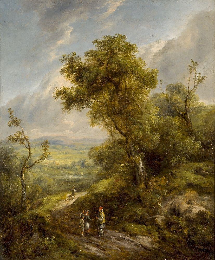 Thomas Creswick | Figures on a woodland path with a vista beyond ...