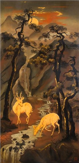 Tran Van Ha | Deer and doe drinking from the stream | MutualArt