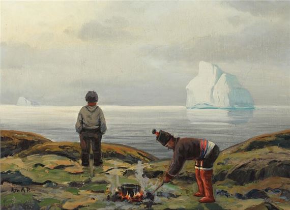 Emanuel A. Petersen | View from Greenland with two inuits lighting a ...