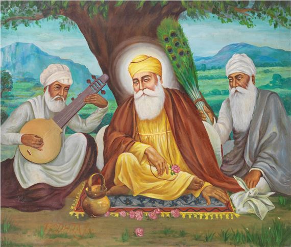 Punjab School, 20th Century | Guru Nanak seated with Bala and Mardana, by the artist Bodhraj ...