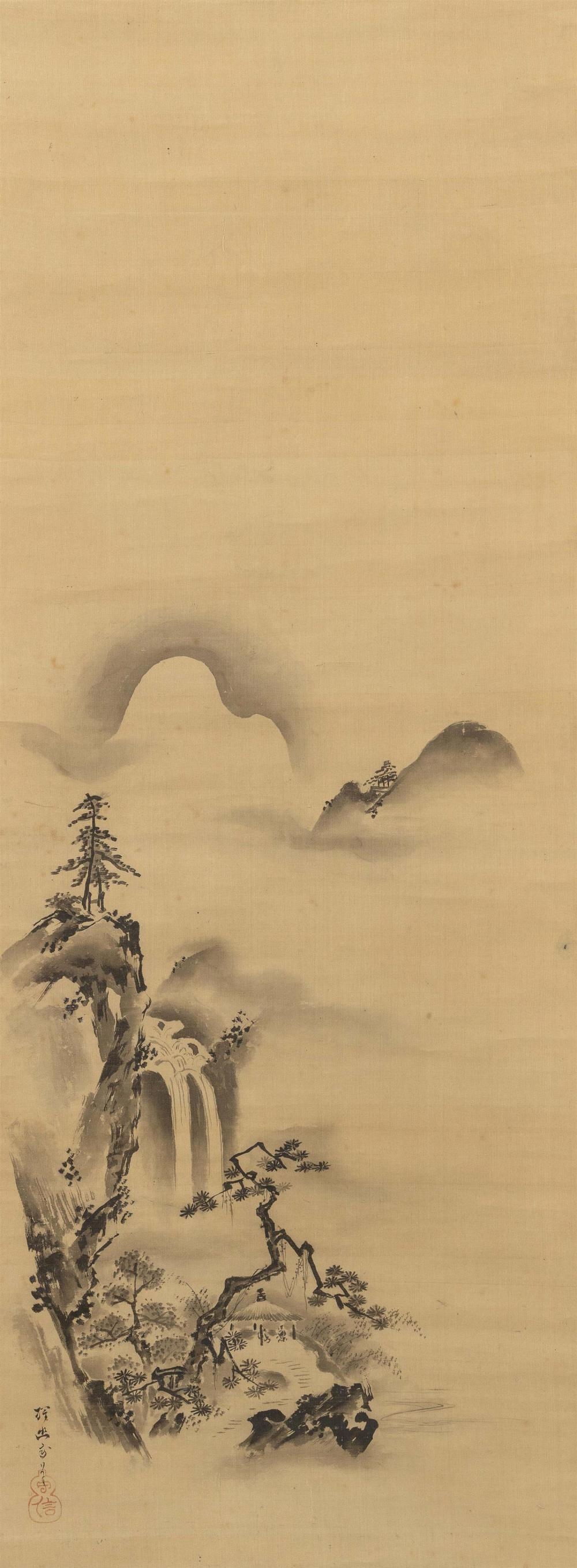 Kano Tan'yu | Pavilions and a peasant crossing a bridge and a teahouse ...